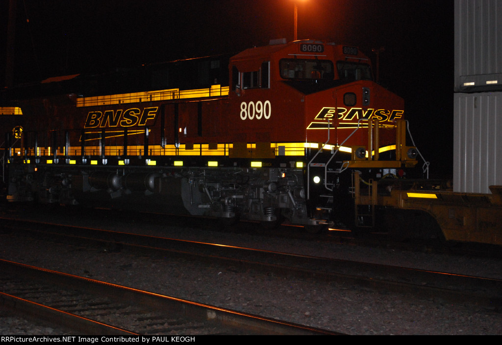 BNSF 8090 Lights Up Her Very, Very Brand New BNSF Swoosh Logo in this 02:15 am/PDT Flash Shot as ...